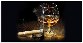 Artland Wanddeko Glasbilder Wandbild Glas Bild einteilig 100x50 cm Querformat Gentleman Lounge Zigarre Cognac Bar Whiskey Vintage Retro T5PU