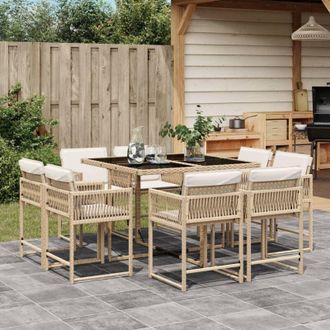 vidaXL Vidaxl - Ensemble table et chaises de jardin 9 pcs - R&eacute;sine tress&eacute;e beige - Coussins &eacute;pais confortables - Dossier rabattable pour rangement