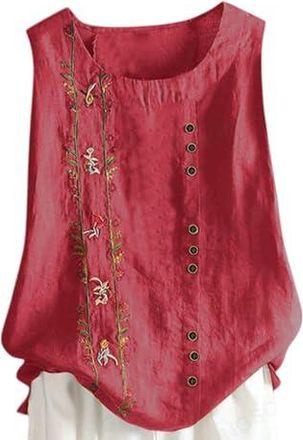 Generic Haut sans manches brod&eacute; boutonn&eacute; sur le devant pour femme - Coupe ample - L&eacute;ger - Pour le quotidien, les vacances, les voyages, Rouge, XXL