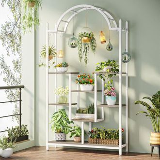 Tribesigns Pflanzenst&auml;nder f&uuml;r den Innenbereich, 5 Etagen, gew&ouml;lbtes Metall-Blumenregal mit Haken zum Aufh&auml;ngen, gro&szlig;es Bonsai-Topf-Display f&uuml;r Garten, Balkon