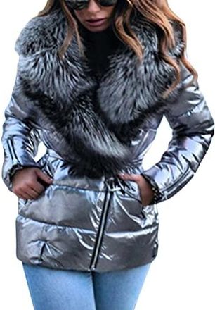 TOMWELL Femme Doudoune Manteau Zippé épais Chaud Parka Blouson Hiver Col de Fourrure avec Capuche Elegant Slim Hoodie Jacket Veste Argenté XL