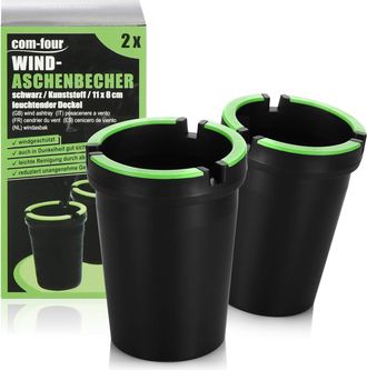 Com-Four 2X Aschenbecher für draußen - Windaschenbecher - Sturmaschenbecher mit leuchtendem Deckel - Autoaschenbecher, Ø 8 cm (02 Stück - schwarz)