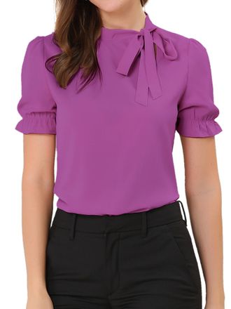 Allegra K Damen Sommer Elegant Bluse 50er Jahre mit Schleife Schluppenbluse Festliche Blusen Kurzarm Panel Fliege Hals R&uuml;schen Top Magenta M