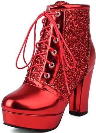 SJJH Bottines &agrave; fermeture &eacute;clair lat&eacute;rale | Bottes pour femme pour occasions sp&eacute;ciales, talon 9 cm, paillettes brillantes, polyvalentes, rouge, 42 EU