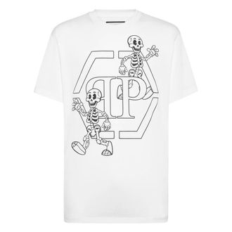 Philipp Plein Homme, Tops, Blanc, Taille: 2XL T-Shirt Col Rond Skeleton