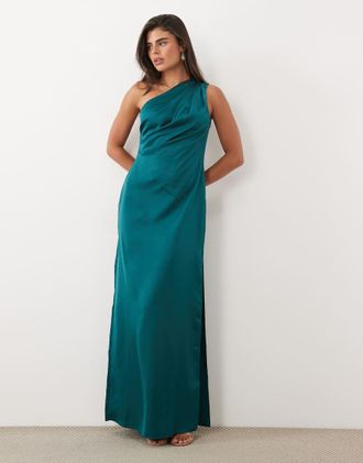 Asos robe longue satin&eacute;e asym&eacute;trique avec d&eacute;tail pliss&eacute; en bleu sarcelle