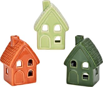 Matches 21 3er Set Porzellan Windlicht H&auml;user in Gr&uuml;n & Orange - Dekoh&auml;user 10 cm Teelichthalter Weihnachten, Herbstdeko