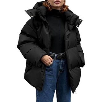 Generic Doudoune courte dhiver &agrave; capuche avec fermeture &eacute;clair pour femme, Noir, XL