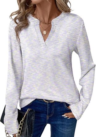 Dokotoo Damen Pullover Elegant V-Ausschnitt Langarmshirt Weich Waffelstrick Sweatshirt Herbst Winter Locker Oberteile Strickpullover Pulli, wei&szlig;, S