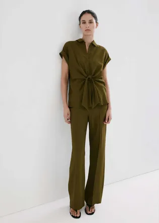 Mango Kurzarm-Knotenhemd gr&uuml;n - Damen - XXS - MANGO