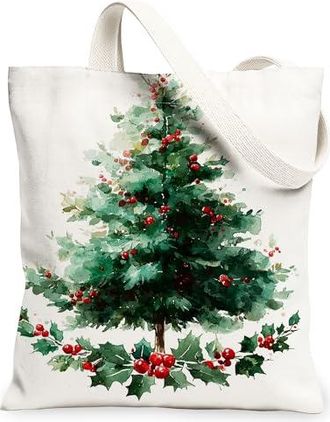 Generic Sacs fourre-tout artistiques en toile, motif arbre et baies, r&eacute;utilisables, l&eacute;gers et lavables avec bandouli&egrave;re pour salle de sport, voyage, pique-niq