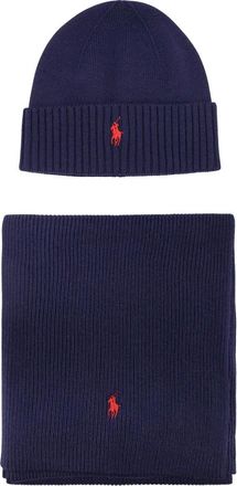 Polo Ralph Lauren Homme, Accessoires, Bleu, Taille: ONE Size Ensemble bonnet &agrave; revers et &eacute;charpe c&ocirc;tel&eacute;e