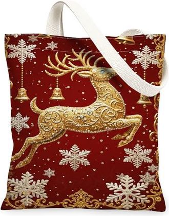 Generic Sacs fourre-tout en toile avec motif de renne de No&euml;l, motif flocon de neige vintage, sacs d&eacute;picerie r&eacute;utilisables, l&eacute;gers et lavables en toile pour l
