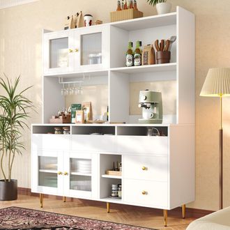 Generic HUQIQWE Highboard K&uuml;chenschrank Wei&szlig; Mit Glast&uuml;r, Vitrinenschrank Mit Weinglasregal, Buffetschrank Aus MDF Mit Metallgriffen, Vorratsschrank F&uuml;r Resta
