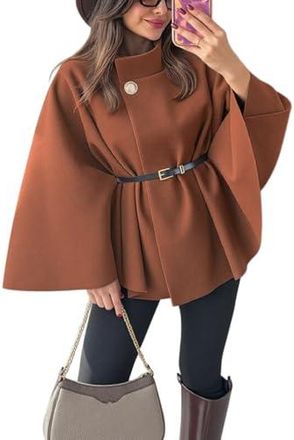 Minetom Poncho Femme Cape El&eacute;gante Automne Hiver Ch&acirc;le Couleur Unie Bouton Manteau avec Ceinture A Marron XL