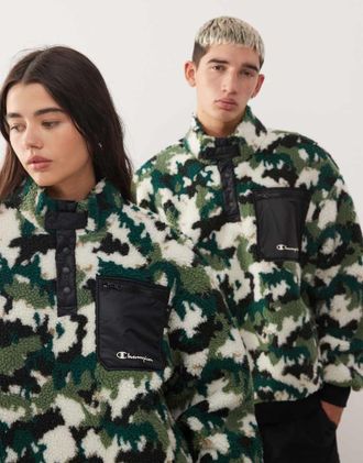 Champion Unisex-Fleece-Sweatshirt mit kurzer Druckknopfleiste und Military-Muster-Bunt