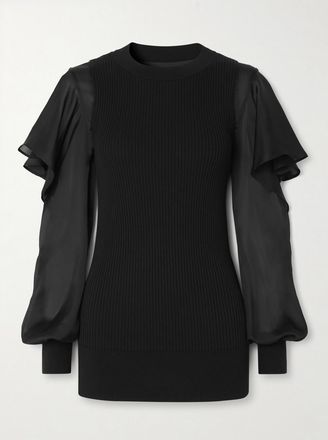 sacai Oberteil Aus Gerippter Baumwolle Und Chiffon Mit Volants - Schwarz