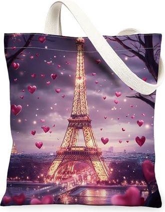 Generic Sac fourre-tout en toile &agrave; motif de coeurs romantiques vintage, tour de Paris, sacs de courses r&eacute;utilisables, l&eacute;gers et lavables en toile pour voyage,