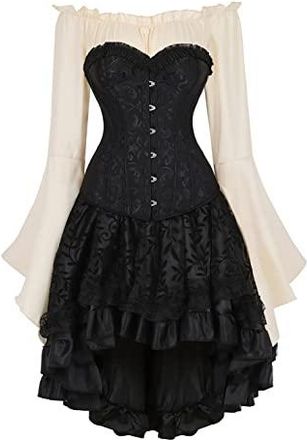 Grebrafan Corset Rockabilly et Jupe Pirate Chemisier Deguisement Bustier Halloween (EUR(34-36) M, Noir)