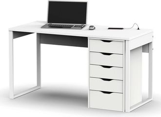 PEGANE Bureau avec commode de rangement coloris blanc - Hauteur 76 x Longueur 135 x Profondeur 60 cm / Hauteur 71 x Longueur 40 x Profondeur 43 cm Pegane
