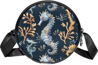 Generic Petit sac &agrave; bandouli&egrave;re rond pour femme, motif hippocampe, sac &agrave; dos &agrave; bandouli&egrave;re r&eacute;glable avec fermeture &eacute;clair, sac &agrave; main rond d&eacute;contract&eacute; pour fe