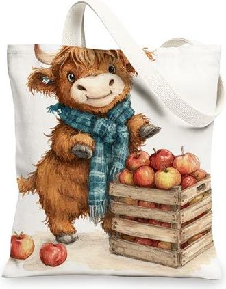 Generic Sacs fourre-tout en toile motif vache des Highlands, sacs dépicerie réutilisables, légers et lavables avec bandoulière, blanc, 13x15 Inch