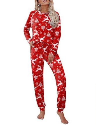 Ekouaer No&euml;l Pyjama Femme 2 Pi&egrave;ces avec Poche &agrave; Ceinture Ajustable V&ecirc;tements de Nuit Hiver T-Shirt,Renne-Rouge,XL