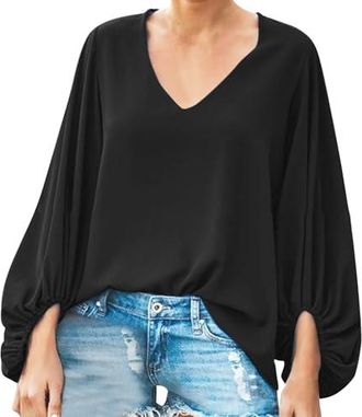 Generic Chemisier d&eacute;contract&eacute; habill&eacute; pour femme - D&eacute;tails smock&eacute;s tendance, manches longues ballon, col en V, tissu en mousseline de soie, tenue dautomne ess