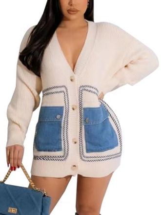 Generic Cardigan d&eacute;contract&eacute; en denim patchwork boutonn&eacute; pour femme, coupe d&eacute;contract&eacute;e, col en V, ouvert sur le devant avec poches, noir, taille L pour un us