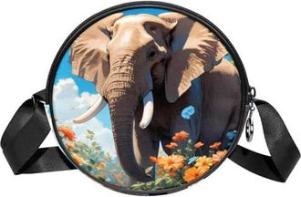 Generic Petit sac &agrave; bandouli&egrave;re rond pour femme, motif &eacute;l&eacute;phant, fleur d&eacute;l&eacute;phant avec fermeture &eacute;clair, bretelles r&eacute;glables, sac &agrave; main rond d&eacute;contract&eacute; pour 