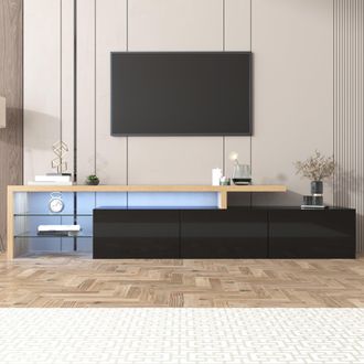 Generic Hochglanz TV-Schrank Holzoptik TV-St&auml;nder mit LED 3 T&uuml;ren Offenen Glasb&ouml;den Lowboard f&uuml;r Wohnzimmer Schlafzimmer Unterschrank TV M&ouml;bel Tisch Sideboard