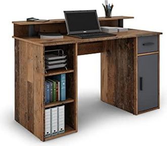 Byliving Schreibtisch Diego/Arbeits-Tisch mit viel Stauraum in Old Wood-Optik/Fronten in anthrazit/Computer-Tisch / 1 Schublade, 1 Tür, 3 offene Fächer / 120x8