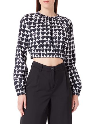 Love Moschino Cropped Blouse in Stretch Cotton Fluid Satin Allover Hearts Printed. Puff Bottom Long Sleeves