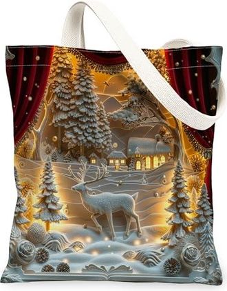 Generic Sacs fourre-tout en toile de cerf vintage de No&euml;l, vacances dhiver, sacs d&eacute;picerie r&eacute;utilisables, l&eacute;gers et lavables avec bandouli&egrave;re Ca, Rouge, 13x15