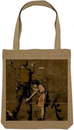 Fabulous Sac Shopping Tote Bag Aspect Lin - Banksy Fillette Soldat Fouille Arme Graffiti Street Art - Sac de Courses Toile Epaisse 360g Beige Naturel Cabas Por