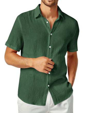 Onsoyours Hemd Herren Kurzarm Button Down Sommerhemd Musselin Leicht Strand Freizeit Businesshemd A Gr&uuml;n XXL