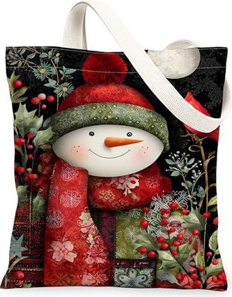 Generic Sacs fourre-tout en toile motif bonhomme de neige de No&euml;l, sacs d&eacute;picerie r&eacute;utilisables, vintage dhiver, l&eacute;gers et lavables, Rouge, 13x15 Inch