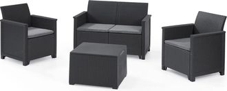 Keter Lounge Set Emma 8-teilig - Graphit, 2 Sessel + 2er Sofa + 1 Tisch mit Truhen-Funktion + 4 Sitzauflagen