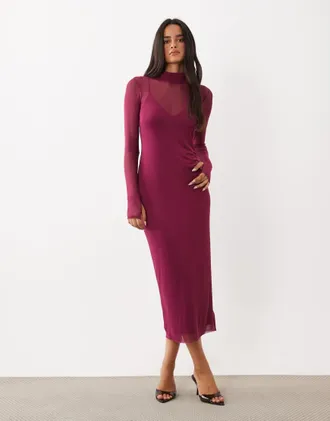 AFRM Shailene robe midi moulante &agrave; col roul&eacute; en tulle avec caraco doublure, rose fonc&eacute;-VIOLET