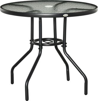OUTSUNNY Table de jardin ronde dia. 80 x 72H cm - espace central parasol - m&eacute;tal noir plateau verre tremp&eacute; textur&eacute;