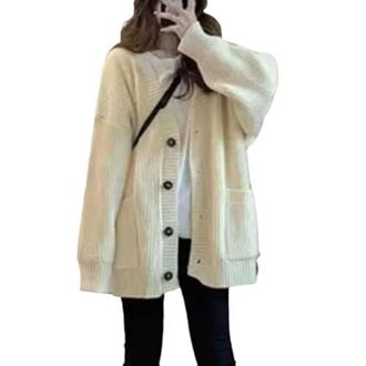 Generic Cardigan dhiver pour femme - Manches longues - Col en V - Style d&eacute;contract&eacute;, Blanc, taille unique