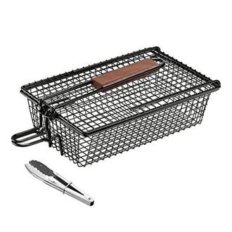 Navaris Panier de cuisson barbecue - Corbeille acier antiadhésif pour viande poisson fruits légumes avec poignée - Panier à griller avec pince