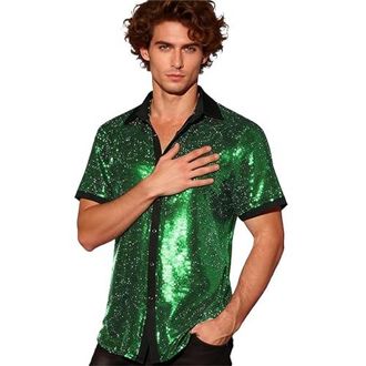 Generic Chemise habill&eacute;e pour homme &agrave; paillettes &agrave; manches courtes et col &agrave; revers - Chemise boutonn&eacute;e scintillante - Coupe d&eacute;contract&eacute;e et confortable - V&ecirc;te