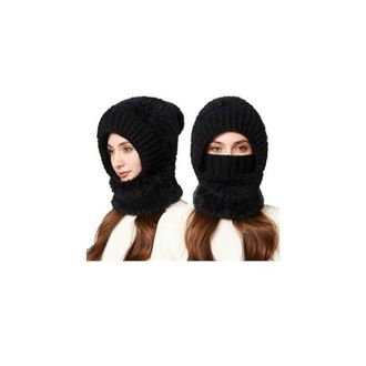 Generic Capuche en tricot thermique pour femme - Chapeau dhiver doubl&eacute; en polaire, cache-cou et couverture de visage Combo Bonnets &eacute;charpes Masque avec cache-