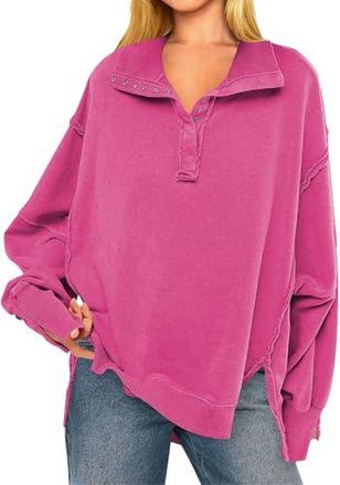 Generic Chandail surdimensionn&eacute; &agrave; manches bouffantes pour femme avec fente lat&eacute;rale et col ras-du-cou, tunique tendance pour printemps et automne, rose rouge,