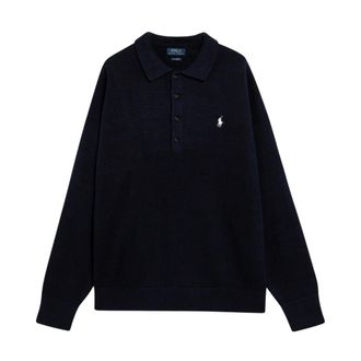 Polo Ralph Lauren Pull en maille &agrave; col polo et patte boutonn&eacute;e 4 boutons avec drapeau fantaisie - Homme - Tops - Bleu - Taille: L