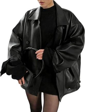 Generic Veste bomber surdimensionn&eacute;e en similicuir tendance &agrave; double rang&eacute;e de boutons avec poches pour femme, Noir, M