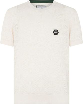 Philipp Plein Homme, Pulls, Beige, Taille: XL T-Shirt Col Rond Monogramme Ajour&eacute;