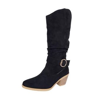Generic Bottes &agrave; talons pour femme - Bottes mi-mollet larges et d&eacute;contract&eacute;es - &Eacute;l&eacute;gantes - Couleur unie - Boucle pliss&eacute;e - Talon &eacute;pais - Confortables - &Agrave; enf