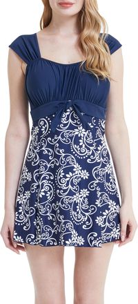 Wantdo Damen Badeanzug Kleid Push Up Tankini Sommer Bademode mit Shorts Schlanke Strandmode Badekleid Shapewear Einteiler Schwimmkleid Marineblau 48-50